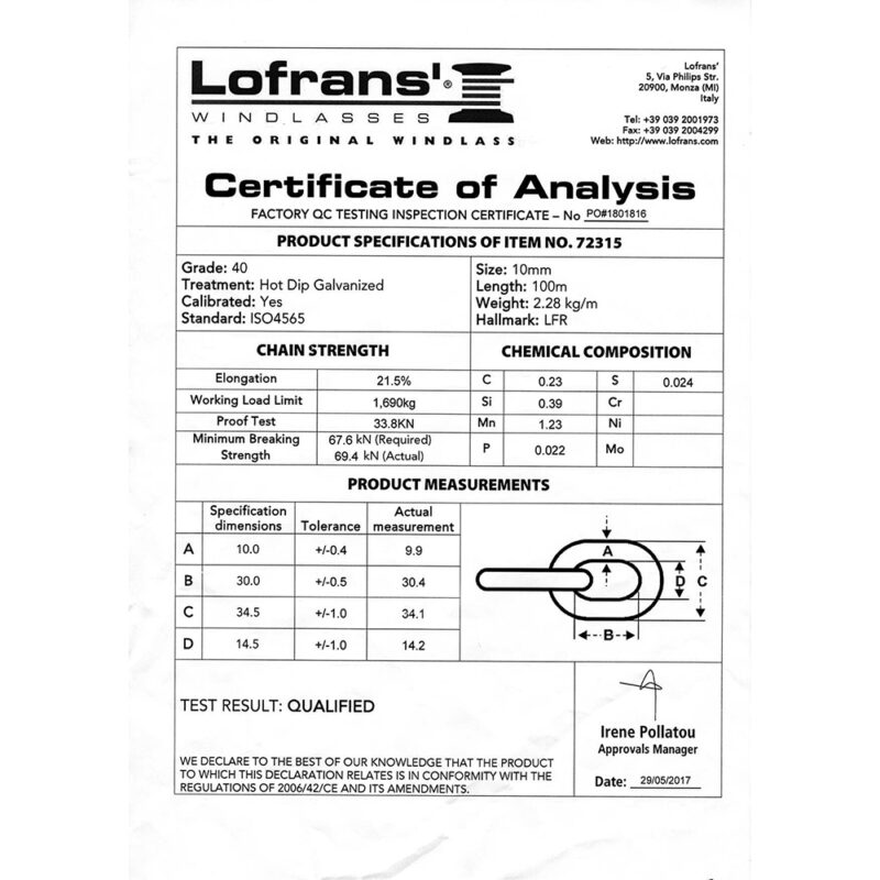 Lofrans Hot Dip Galvanised Chain Calibrated